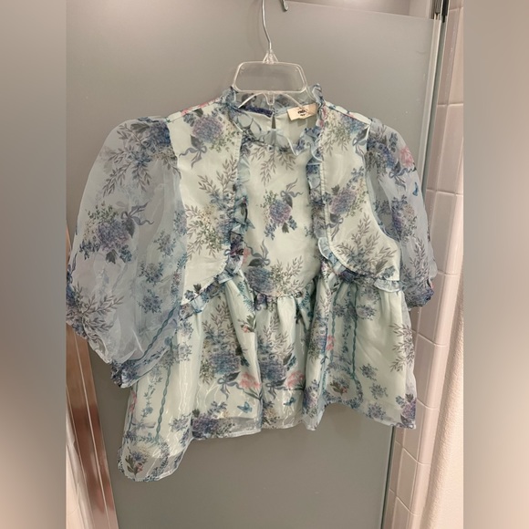 entro | Tops | New Tulle Puff Sleeve Ethereal Ruffle Blue Floral Blouse ...